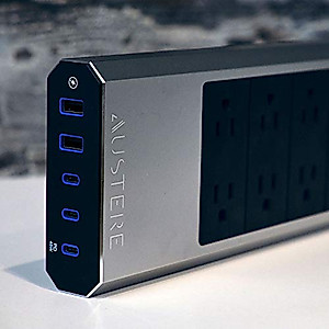 Austere VII Series Surge Protector Power Strip, 8 Wide Outlets, 3 USB C and 2 USB A 2.4 amp Ports, 45W Power Delivery | 4000 Joules Heavy Duty, EMI/RFI Filtering, 7 Year Component Guarantee