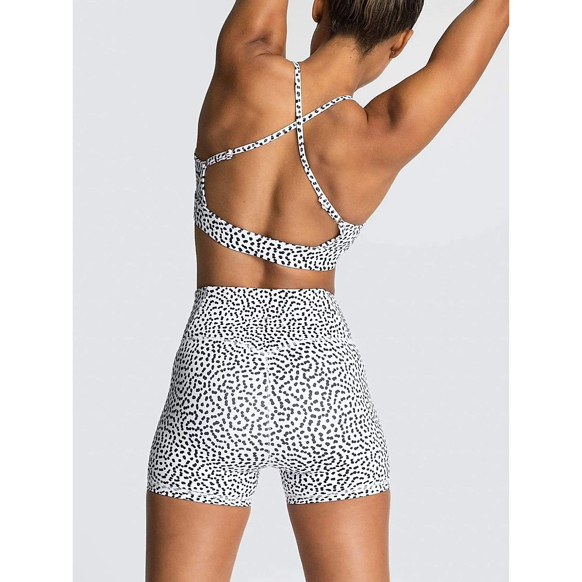 IWEMEK Women 2 Piece Tracksuits Yoga Outfits Seamless Slim Fit High Waisted Yoga Leggings Shorts + Adjustable Strap Sport Bra Workout Sets Exercise Running Gym Clothes White Polka Dots Small