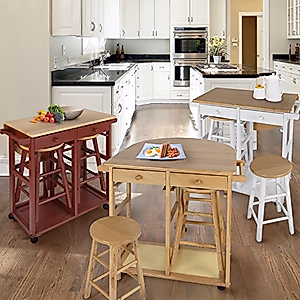 Casual Home Drop Leaf Breakfast Cart with 2 Stools-White, 32"D x 29.75"W x 33"H