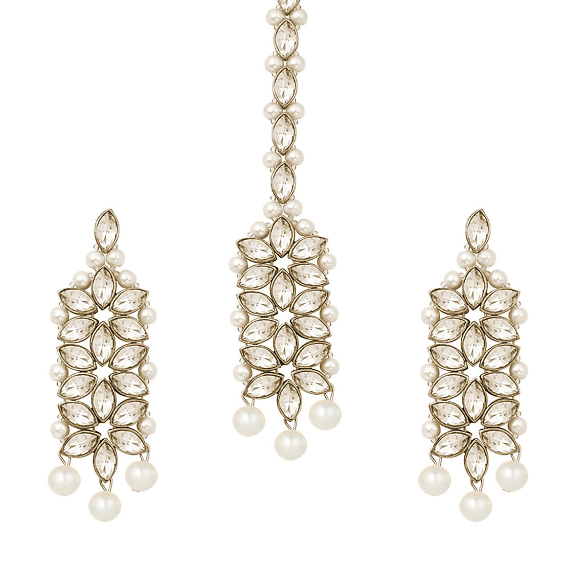 Aheli Wedding Party Wear Bridal Jewellery Choker Long Pearl Necklace Earrings Maang Tikka Indian Traditional Set for Women White