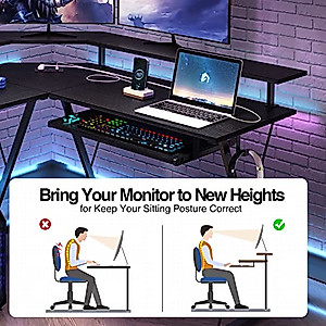 Rolanstar Computer Desk L Shaped, Gaming Desk with Power Outlet, 54” Reversible Desk with Monitor Stand and Keyboard Tray, Home Office Desk with Hook, Black
