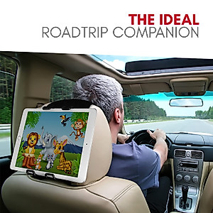 Macally Tablet Holder for Car Headrest for Happy Kids - (Upgraded) iPad Car Holder Back Seat Mount Strap - Rear Facing Head Rest iPad Holder for Car Backseat with Adjustable Case Angles