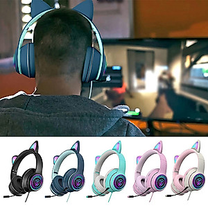 UXELY Cat Ear Gaming Headset USB Wired Headphones with Mic Foldable RGB Light Up Headphones for Laptop/Computer(Black)