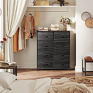 WLIVE Fabric Dresser for Bedroom, Tall Dresser with 8 Drawers, Storage Tower with Fabric Bins, Double Dresser, Chest of Drawers for Closet, Living Room, Dormitory, Charcoal Black Wood Grain Print