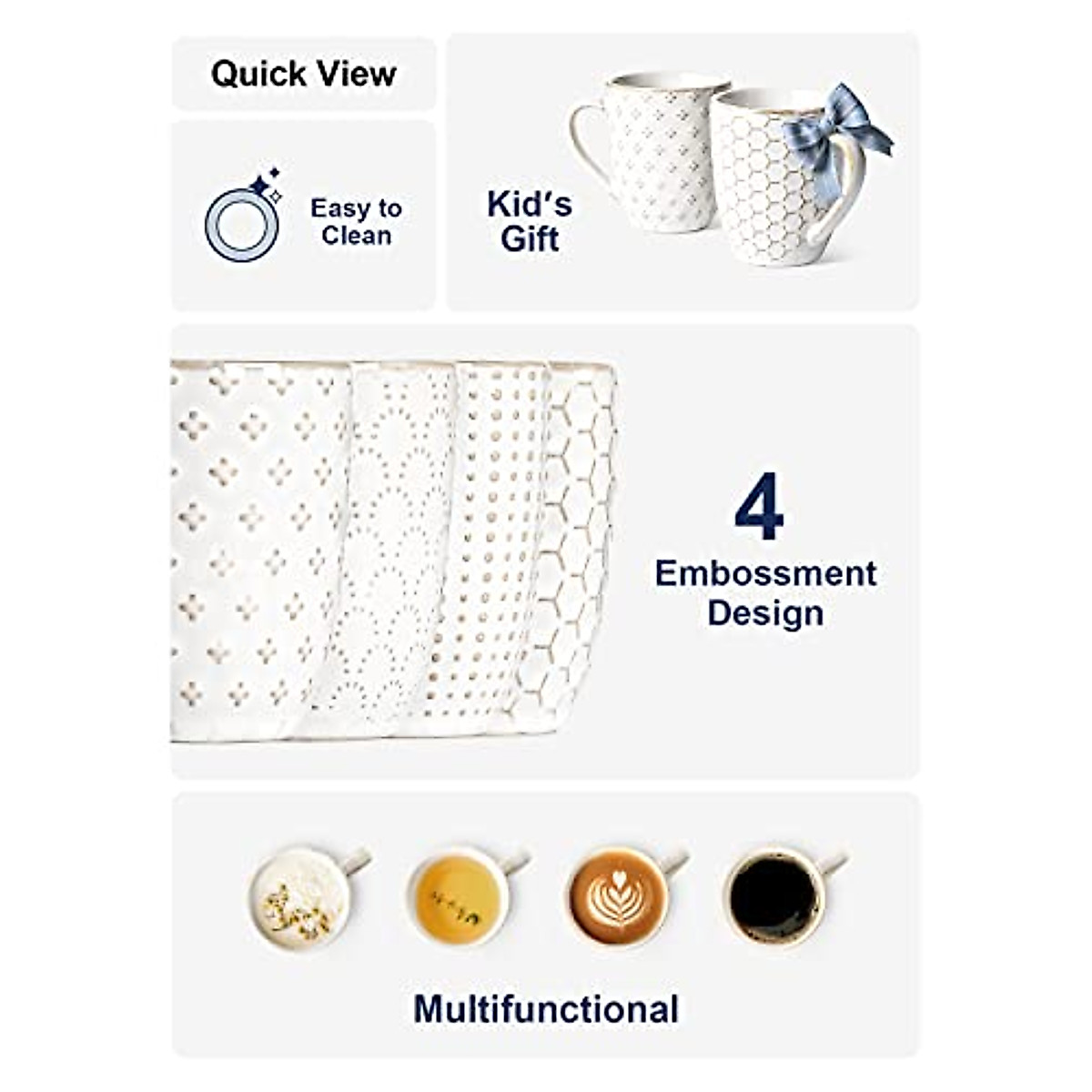 LE TAUCI Coffee Mugs 7 oz, Espresso Cups, Embossment Housewarming Gift, Ceramic Demitasse Cup for Double Shot, Latte, Cappuccino, Lungo, or As Kids Mugs with Handle - 2.7 inch, Set of 4, Arctic White