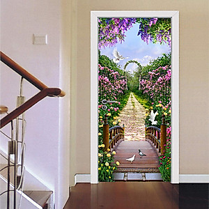 QHOXAI 3D Door Sticker Garden Bridge White Pigeon Photo Wallpaper Living Room Kids Bedroom Bathroom Home Decor Decal Art Poster Pvc Waterproof Self-Adhesive Murals Wall Art Stickers 33.4x80.7 inch