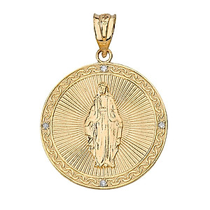 Sideways Crosses Religious Jewelry 14k Yellow Gold Blessed Virgin Mary Miraculous Round Medal Diamond Necklace (Small), 20"
