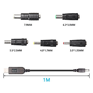SinLoon 3.28ft USB 5V to DC 12V Converter Step Up Voltage Converter Power Cable USB to 5.5 x 2.1mm Barrel Connector DC Power Cable with 5 Connectors Adapter for Router, Mini Fan, Camera, Phone(5521)