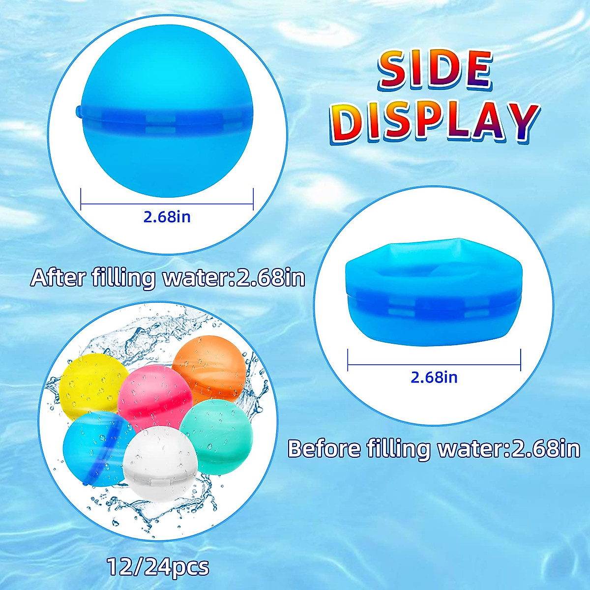 12PCS Silicone Reusable Water Balloons for Kids, Quick Fill Water Balls, Bomb Splash Ball, Magnetic Refillable Self Sealing Water Balloon, Summer Party Game Outdoor Waterballons