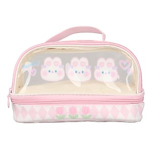 Mokernali Cute Rabbit Pen Bag, Rabbit Pattern Double Layer Pen Bag, Waterproof Transparent Kawaii Pencil Case Pink Cosmetic Bag with Handle