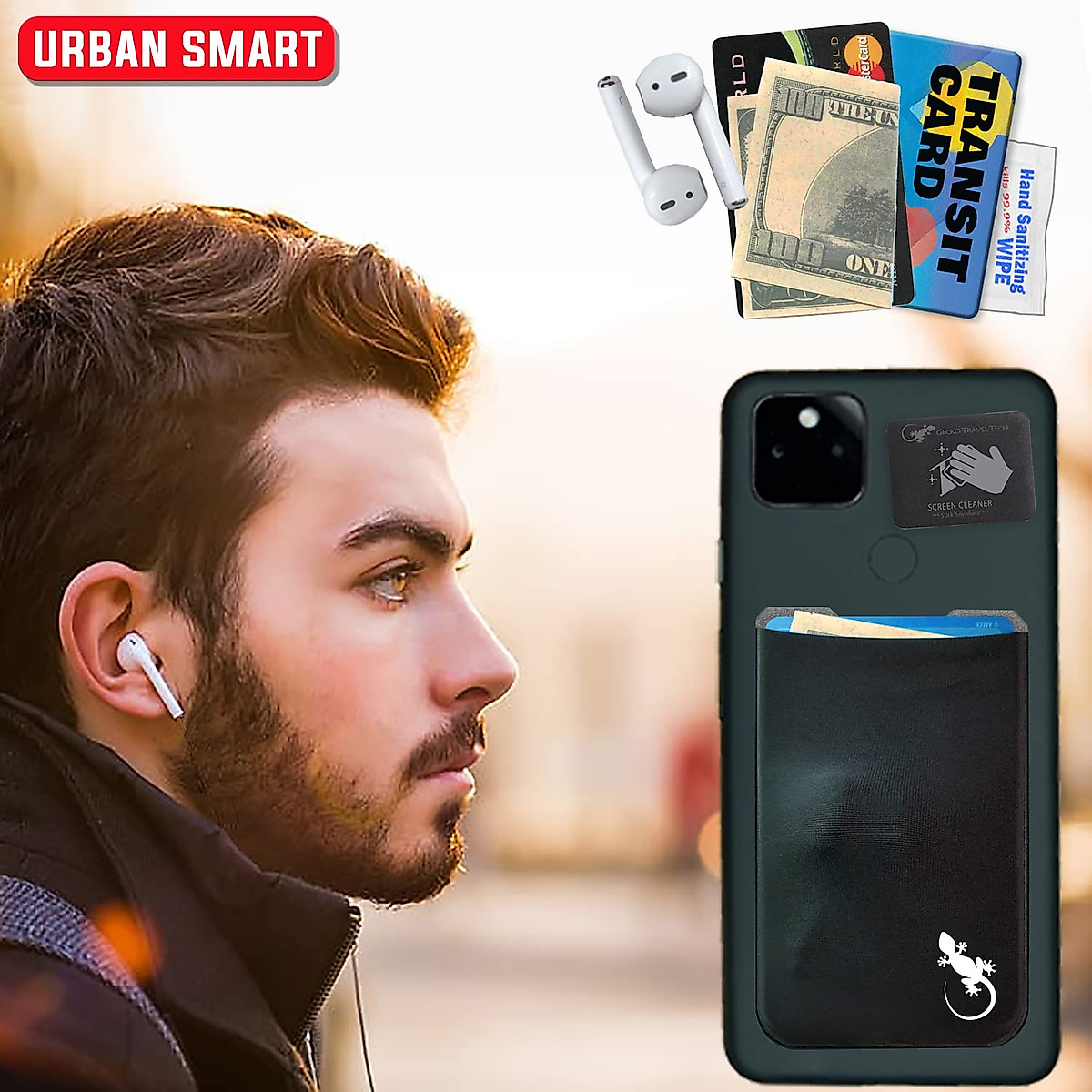 Gecko Travel Tech A Card Holder Phone Wallet Stick on - Credit Card Holders Universal to Any Cell Phone - Black/White