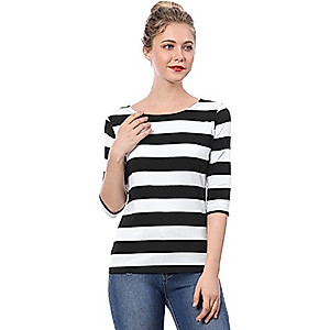 Allegra K Women's Halloween Elbow Sleeves T-Shirt Top Casual Basic Boat Neck Slim Fit Tee Medium Black White