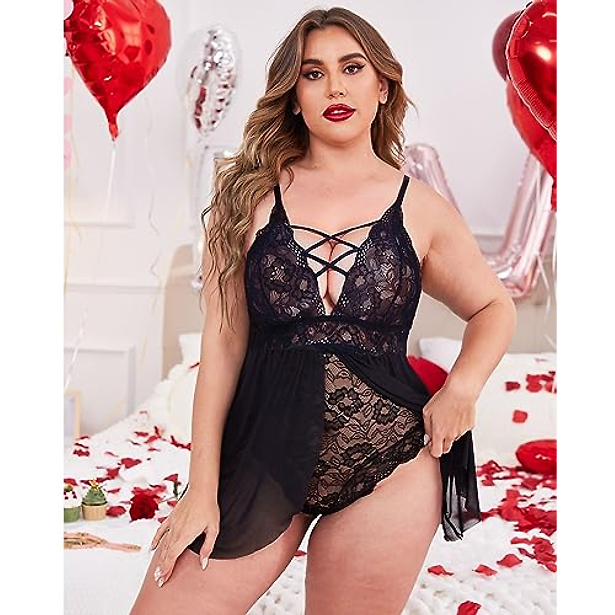 Avidlove Plus Size Lace Sleepwear Sexy Lingerie Lace Babydoll Set Nightwear Dress (Black, 3XL)