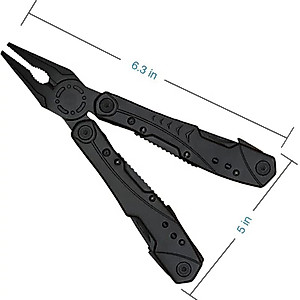 JNEPro Multi Tool | Folding Pocket Knife | 12 in 1 Multi Function Tool w/Nylon Pouch | Stainless Steel | Pliers, Screwdriver & 10 Screw Bits, Bottle/Can Opener, Metal File, Wood Saw | Black