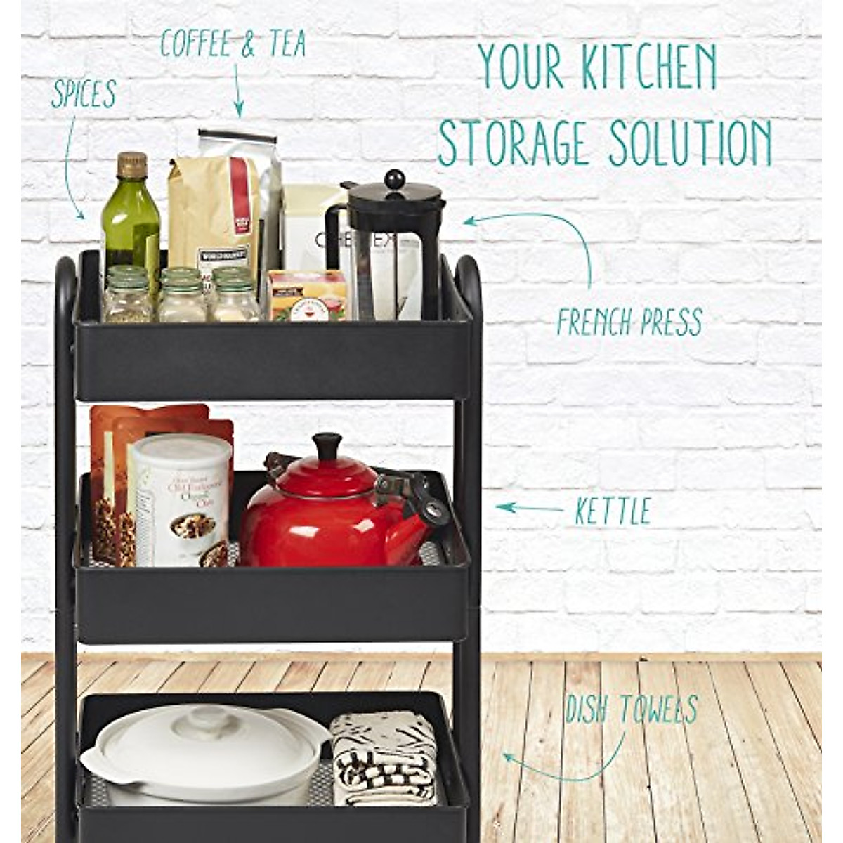 ECR4Kids-ELR-20702 4-Tier Metal Rolling Utility Cart - Heavy Duty Mobile Storage Organizer, Black