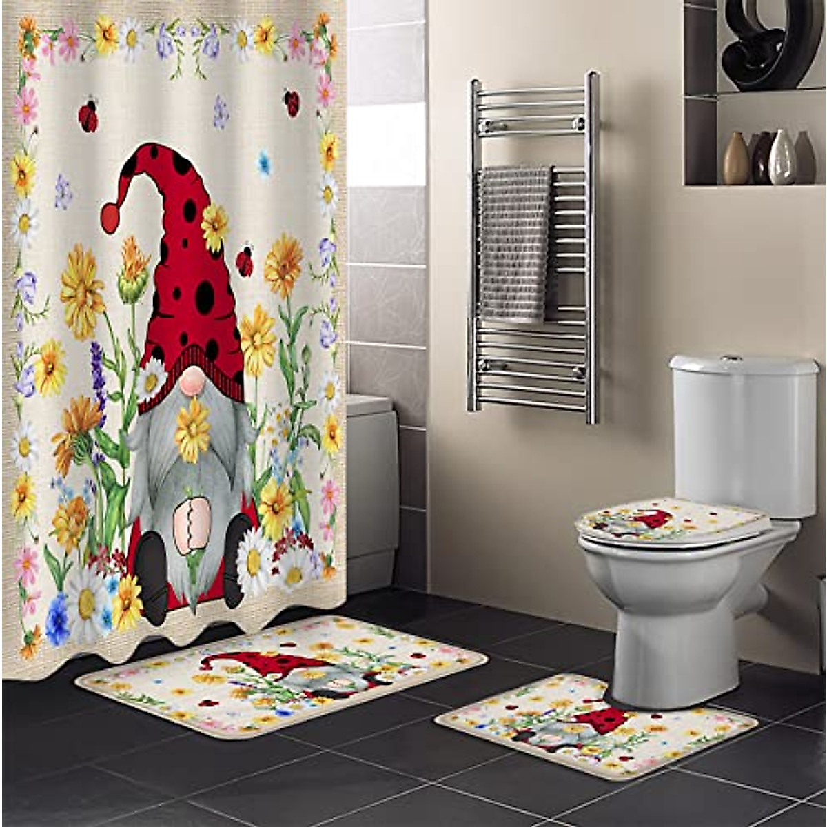 BULING 4Pcs Shower Curtain Set with Rugs,Farmhouse Ladybug Gnome with Daisy Sunflower Spring Summer Pattern Shower Curtain with 12 Hooks, Bath Mat, Toilet Lid Rug and Non-Slip U Shape Mat Accessories