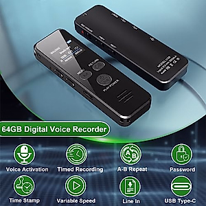 Howabo 60H Digital Voice Recorder, 64GB Metal Housing Audio Recorder, USB C Voice Activated Recorder for Lectures Meeting Class Interview