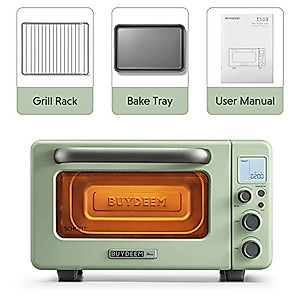 BUYDEEM T103 Multifunction Toaster Oven, No Pre-Heat Needed, 12QT 7-in-1 Mini Smart Digital Toaster Oven with Grill Rack and Baking Tray, 1600W (Cozy Greenish)