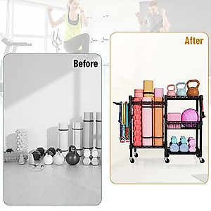FUTASSI Home Gym Storage, Rolling Yoga Mat Storage and Organizer, Sports Equipment Storage Rack for Yoga Mats, Dumbbells, Kettlebells, Foam Rollers, Resistance Bands, 11.8"D x 36"W x 32.5"H, Black