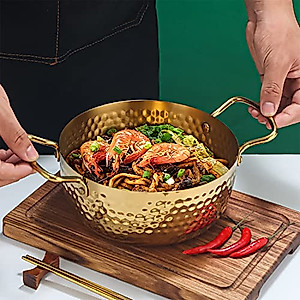 Stainless Steel Noodle Pot for Cooking with Double Handles, Hammered men Pot, Korean Ramen Cooking Pot for Kitchen, Nonstick Ramyun Cooker for Cooking Soup/Curry/Pasta/Stew (Gold)