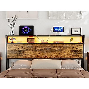 IKIFLY Queen Size Storage Headboard with LED Lights & Charging Station - Industrial Metal and Wood Queen Headboard Only for Bedroom, Attach Frame, Easy Assembly - Rustic Brown