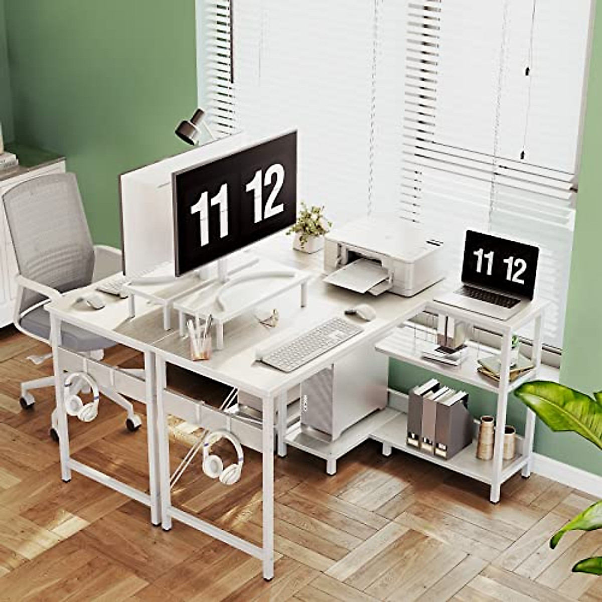 ODK L Shaped Computer Desk with Reversible Storage Shelves, 40 Inch Corner Desk with Monitor Stand for Small Space, Modern Simple Writing Study Table for Home Office Workstation, White