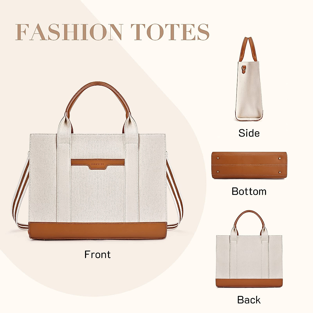 Missnine Tote Bag Canvas Laptop Bag 15.6 inch Briefcase for Women Large Capacity Handbag for Office, College, Travel (Brown+Beige)