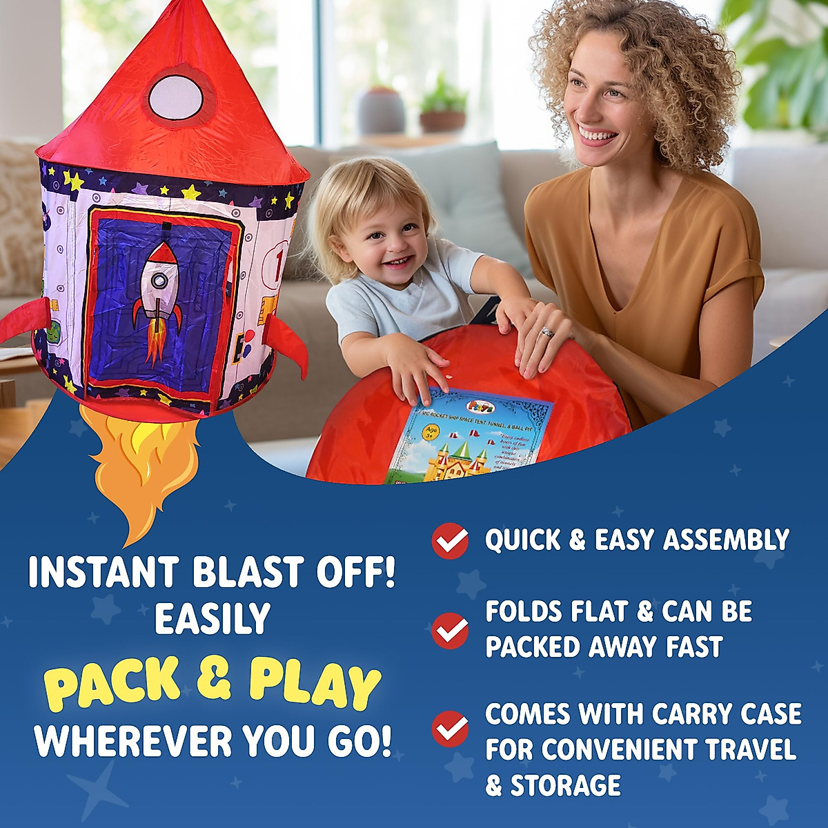 Playz 3pc Rocket Ship Astronaut Kids Play Tent, Tunnel, & Ball Pit with Basketball Hoop Toys for Boys, Girls, Babies, and Toddlers - STEM Inspired Educational Galactic Spaceship Design w/Planets