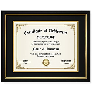 CREKERT Diploma Frame 11x14 Picture Frame Solid Wood Shatter-Resistant Glass for Documents Certificate Blackgold Frame 8.5x11 with Mat (Black Mat, 1 Pack)