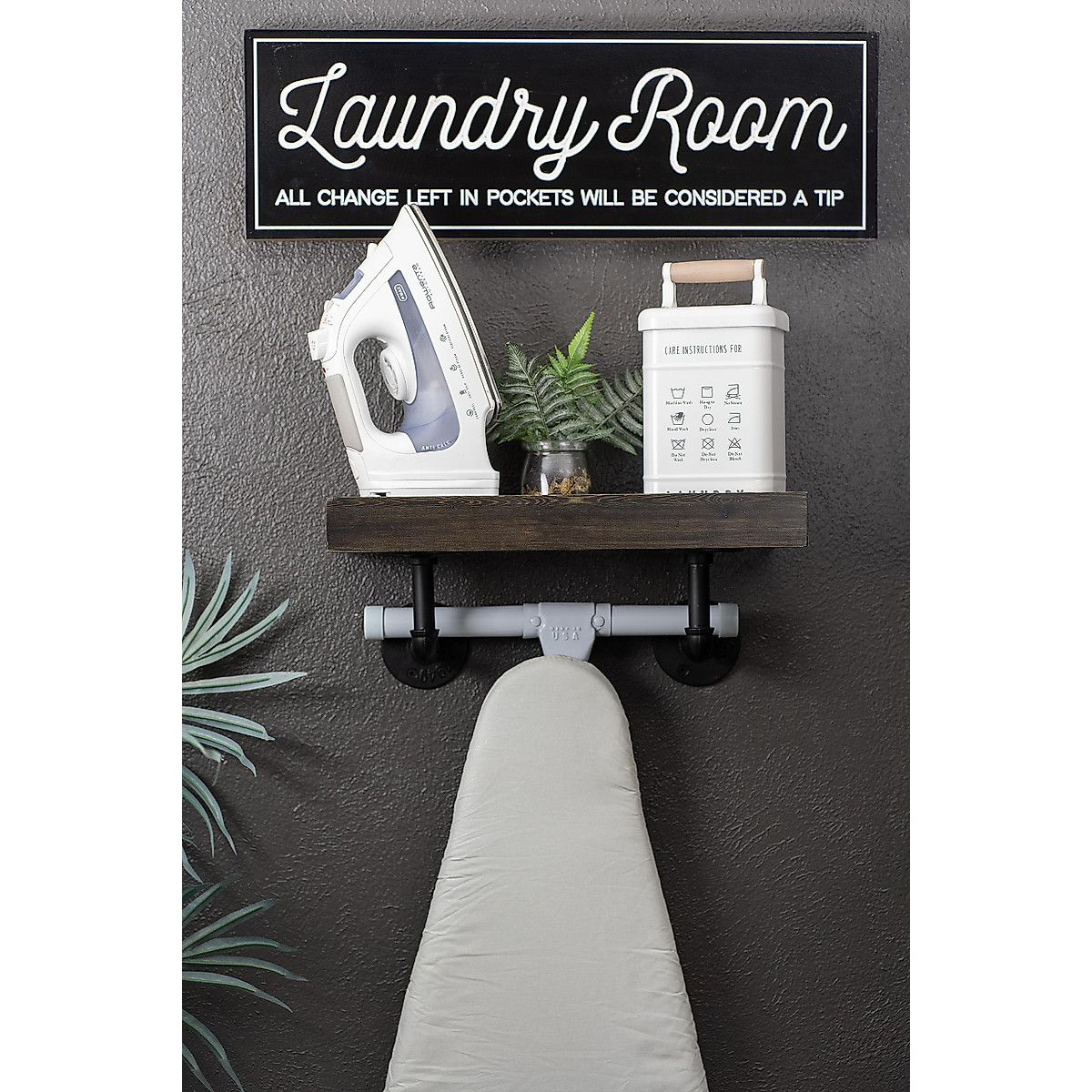 Ironing Board Holder Wall Mount - Heavy Duty Wood Shelf w/Metal Pipe Brackets - Hanging Ironing Board - Farmhouse Style Ironing Board Hanger - Wall Mounted Ironing Board - Iron Board Wall Mount