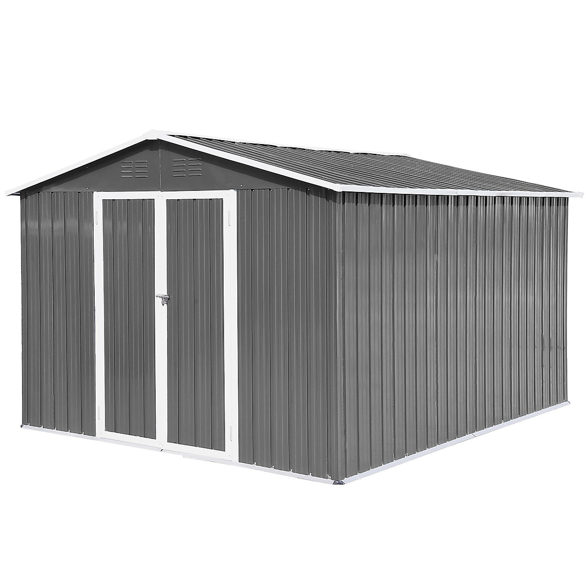 GLANZEND 10x8 FT Outdoor Metal Garden Shed, Galvanized Steel Large Storage Sheds with Lockable Doors, Weatherproof Tool House with Pitched Roof & Punched Vents for Backyard Lawn, Gray + White