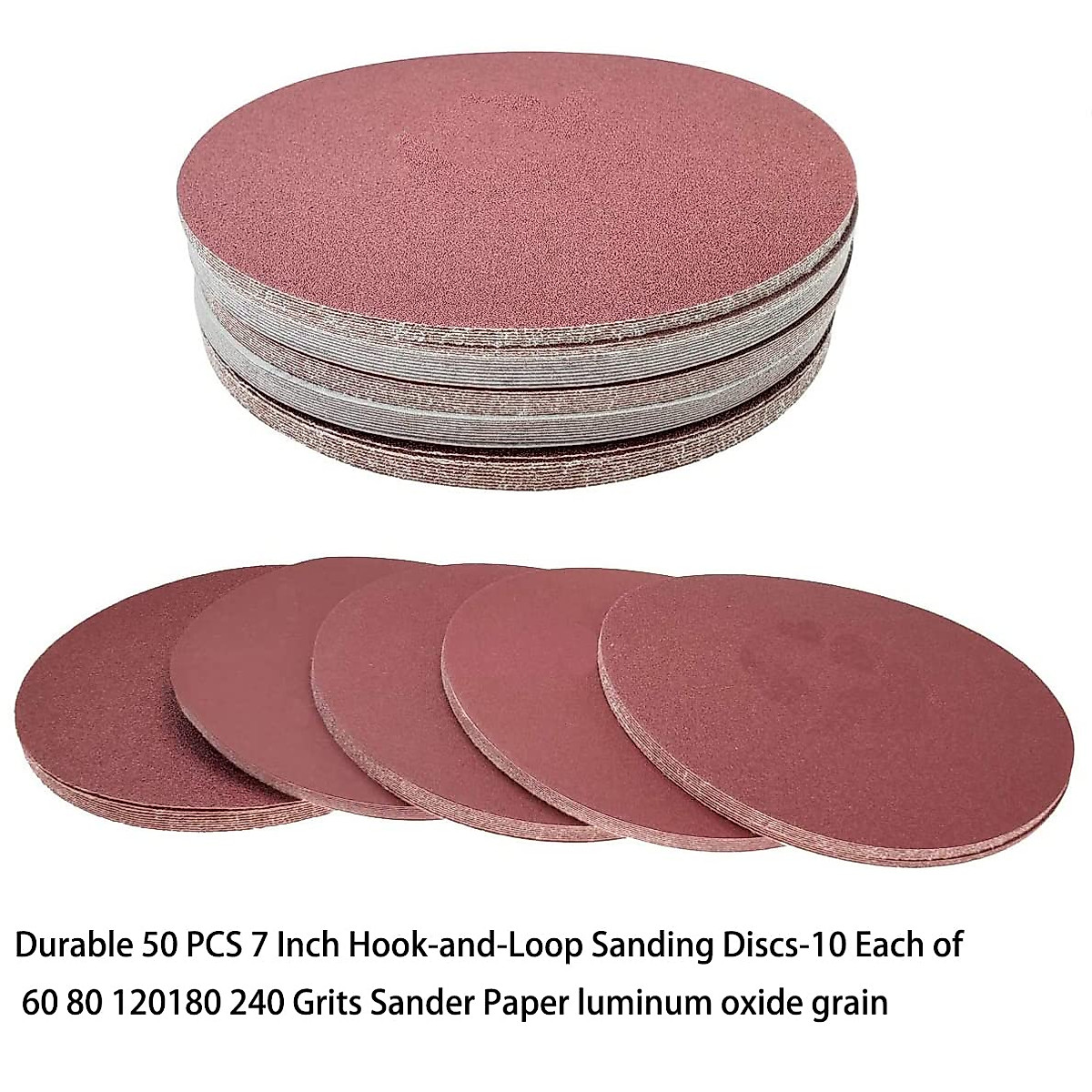Tonmp 50 PCS 7 Inch Hook-and-Loop Sanding Discs Sandpaper - 10 pcs Each of 60 80 120 180 240 Grits Sander Paper for for Random Orbit Drywall Sander