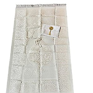 Islamic Prayer Mat, Turkish Prayer Rug with Pouch and Ornament Sealing, Portable Prayer Mat with Handy Pouch, Islamic Carpet Pad Ideal for Travelling (44" x26” with Free Tasbeeh) (White)