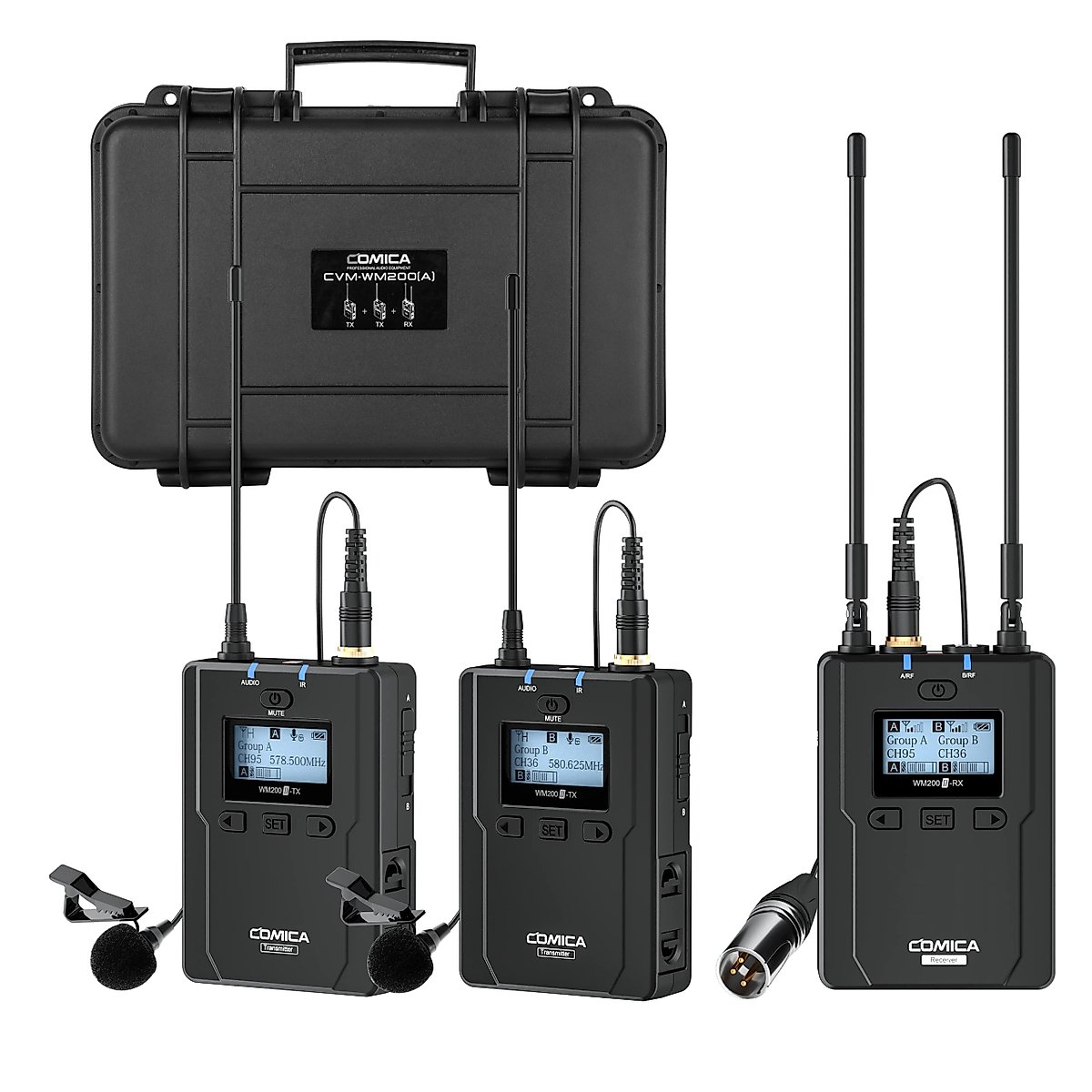 Wireless Lavalier Microphone, Comica CVM-WM200A 96-Channel UHF Wireless Lapel Microphone System for Cameras/XLR Camcorders Interview Youtube Video Recording, Dual Lav Mic with 394FT Transmission