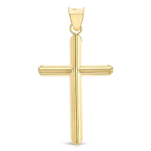 Ioka - 14K REAL Yellow Gold Classic Plain Cross Pendant Religious Medium Size Charm For Necklace or Chain