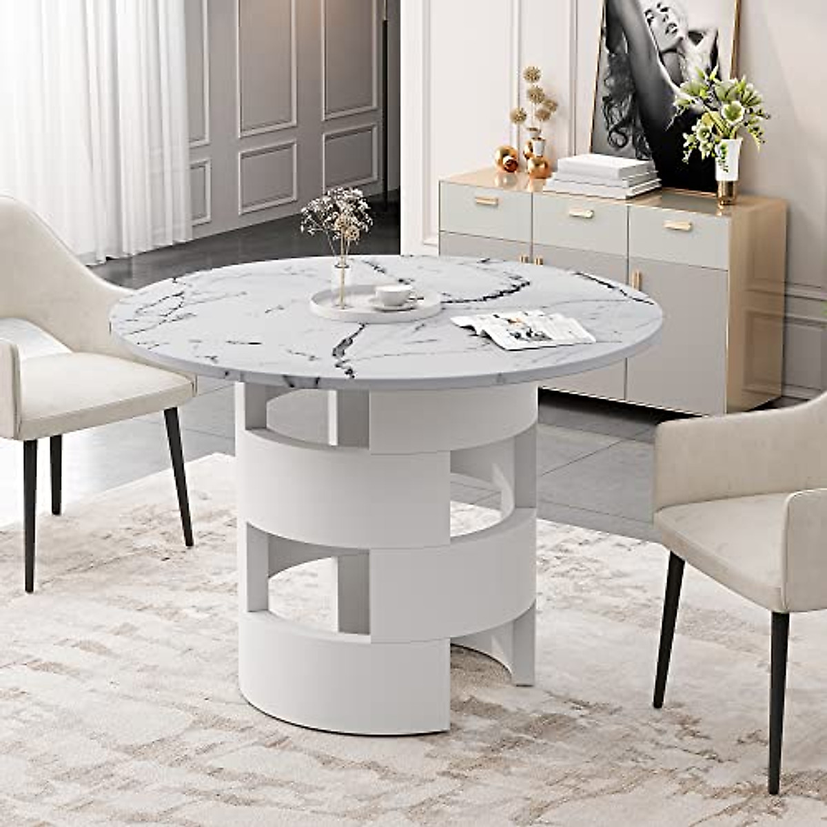 42.12" Modern Round Dining Table with Printed White Marble Table Top for Dining Room, Kitchen, Living Room