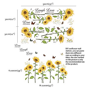 Runtoo Sunflower Butterfly Wall Art Stickers Flower Live Laugh Love Quotes Wall Decals Kids Bedroom Living Room Nursery Wall Decor