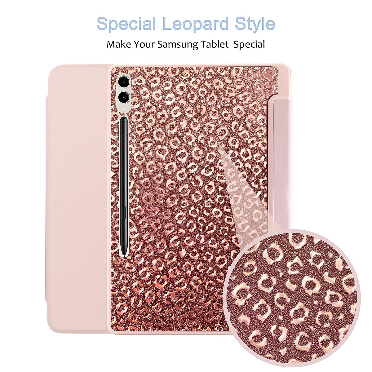 SoFunMoky for Samsung Galaxy Tab S9 Plus Case 12.4 Inch 2023 with S Pen Holder Multiple Angles Glitter Shining Gold Leopard Cheetah Full Protective Auto Wake Sleep Bling for S9+ Tablet Cover, Pink
