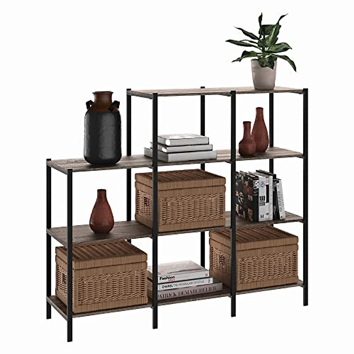 ClosetMaid Ladder Step Bookcase, 4 Tier, 5 Shelves, Display Shelf for Living Room or Office, Industrial Black Metal and Wood, Weathered Gray