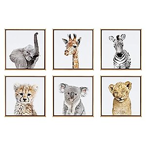 Kate and Laurel Sylvie Safari Animal Collection Framed Canvas Wall Art by Amy Peterson Art Studio, Set of 6, 13x13 Natural, Decorative Animal Art for Wall