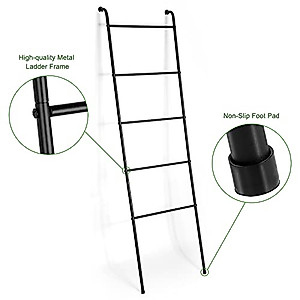 Towel Blanket Ladder Leaning Black Metal Blanket Holder 5 Tier Industrial Ladder Rack for Bathroom Living Room Laundry Room (Matte Black)