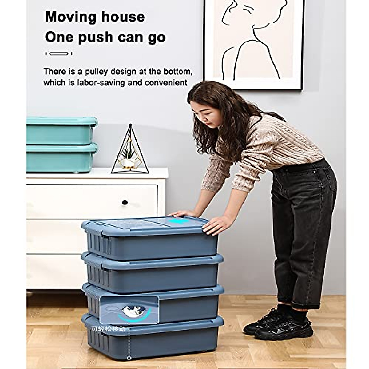 Easy Move Groceries Organizer Plastic Storage Bins Baskets for Clothes Shoes Blankets,Under Bed Lidded Storage Bins,Large Capacity Storage Box Containers with Wheels-Yellow 11l(11x9x6.6inch)