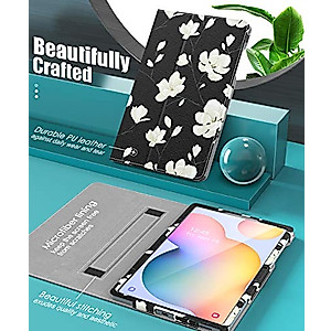 MoKo Case Compatible with Galaxy Tab S6 Lite 2020, Slim PU Tablet Shell Cover Stand Case with Auto-Wake S-Pen Holder Fit Samsung Galaxy Tab S6 Lite 10.4 2020 SM-P610/P615 ONLY - Black & White Magnolia