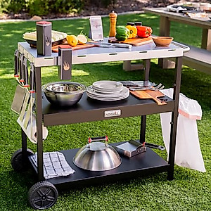 Nexgrill Outdoor Stainless Steel Food Preparation Cart with Double Shelf, 648 sq. in., Portable, Side Handle, Paper Towel and Trash Bag Holder, 4 Hooks, Backyard and Patio Barbeque Grill Cart