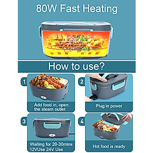 CHARMDOO Electric Lunch Box, 80W Portable Lunch Warmer Food Heater for Adults Car/Truck/Office 12/24/110V, Fast Heating Lunchbox with Leak Proof Lid SS Container, Grayish Blue