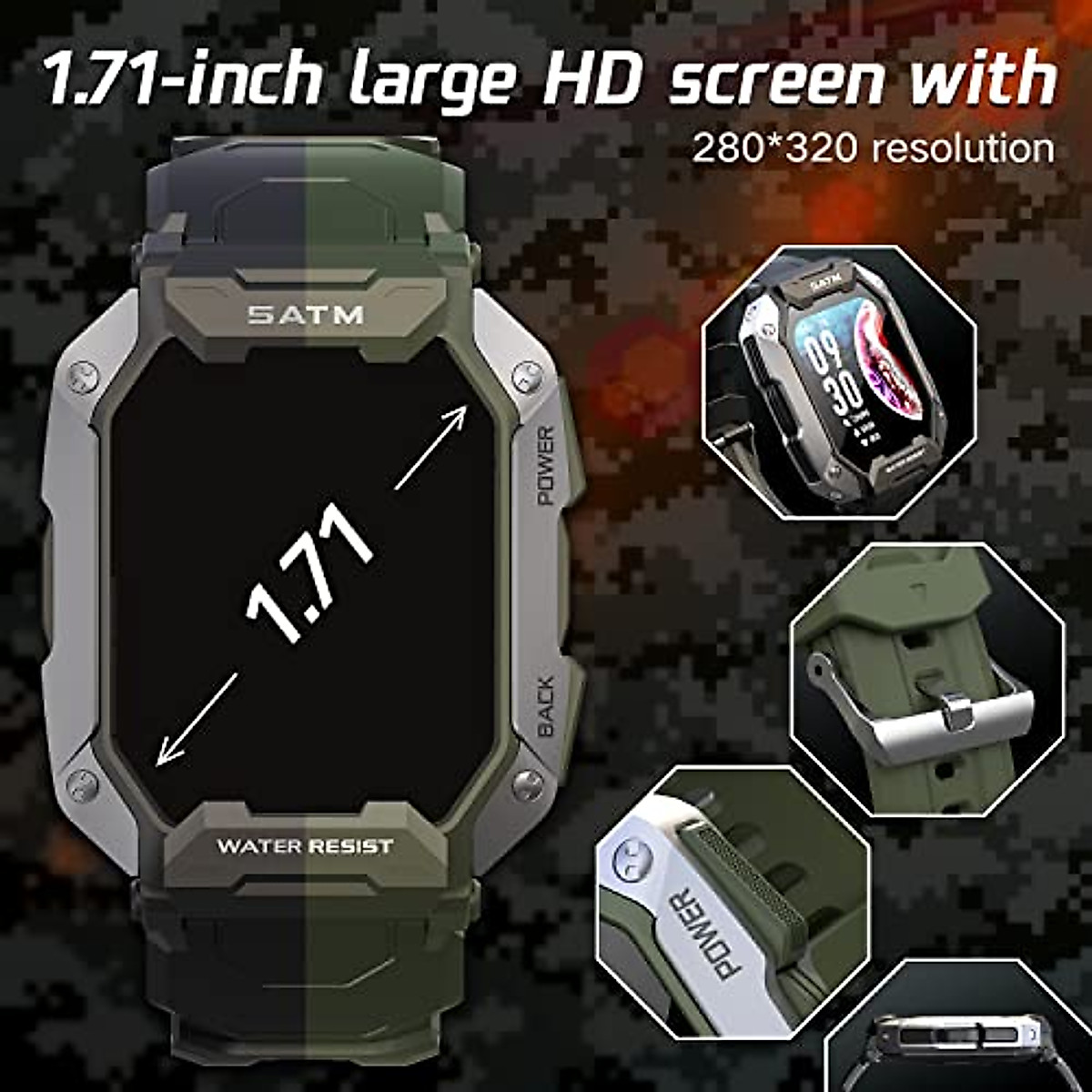 Slothcloud Smart Watches for Men,Fitness Activity Tracker Watch with Heart Rate Blood Oxygen Monitoring IP68 Waterproof 1.71 inch Full Touch Screen Smart Watch Compatible for iOS Android (Black)