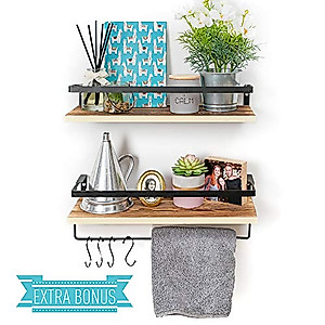 TRIVETRUNNER -ANNA STAY Floating Shelves Wall Mounted for Bathroom and Storage Shelves for Kitchen Set of 2, with Towel Bar, Cotton Towel Included (Light Brown)