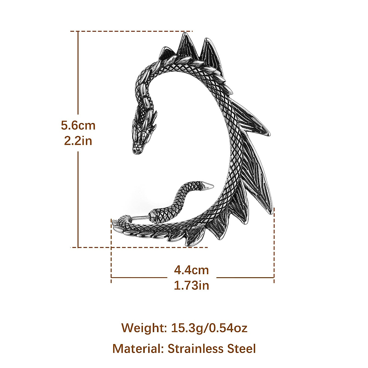 HZMAN Women Stainless Steel Vintage Punk Dragon Earrings Pierced Stud Earrings Party Left Ear Cuff Wrap Earrings