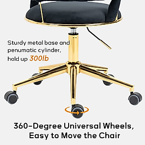 NIOIIKIT Velvet Office Desk Chair with Hand Woven Backrest, 360° Swivel & Height Adjustable Task Chairs, Makeup Chair, Living Room Chairs with Stainless Base and 5 Wheels (Black)