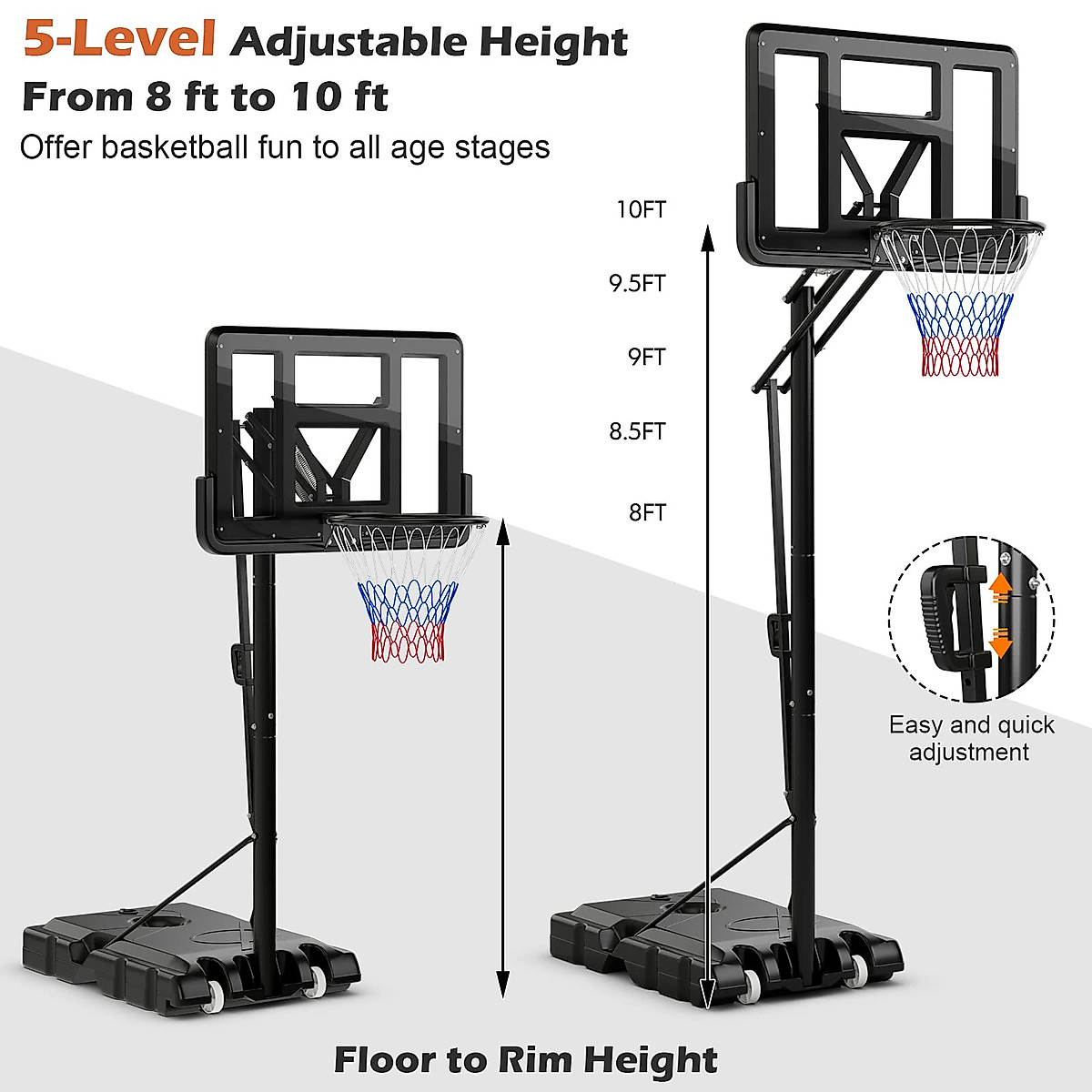 Giantex Portable Basketball Hoop Outdoor - 8-10Ft Height Adjustable Basketball Stand System for Youth Adult Kids with 44" Backboard, 2 Wheels, Fillable Base, Indoor Outdoor Basketball Goal